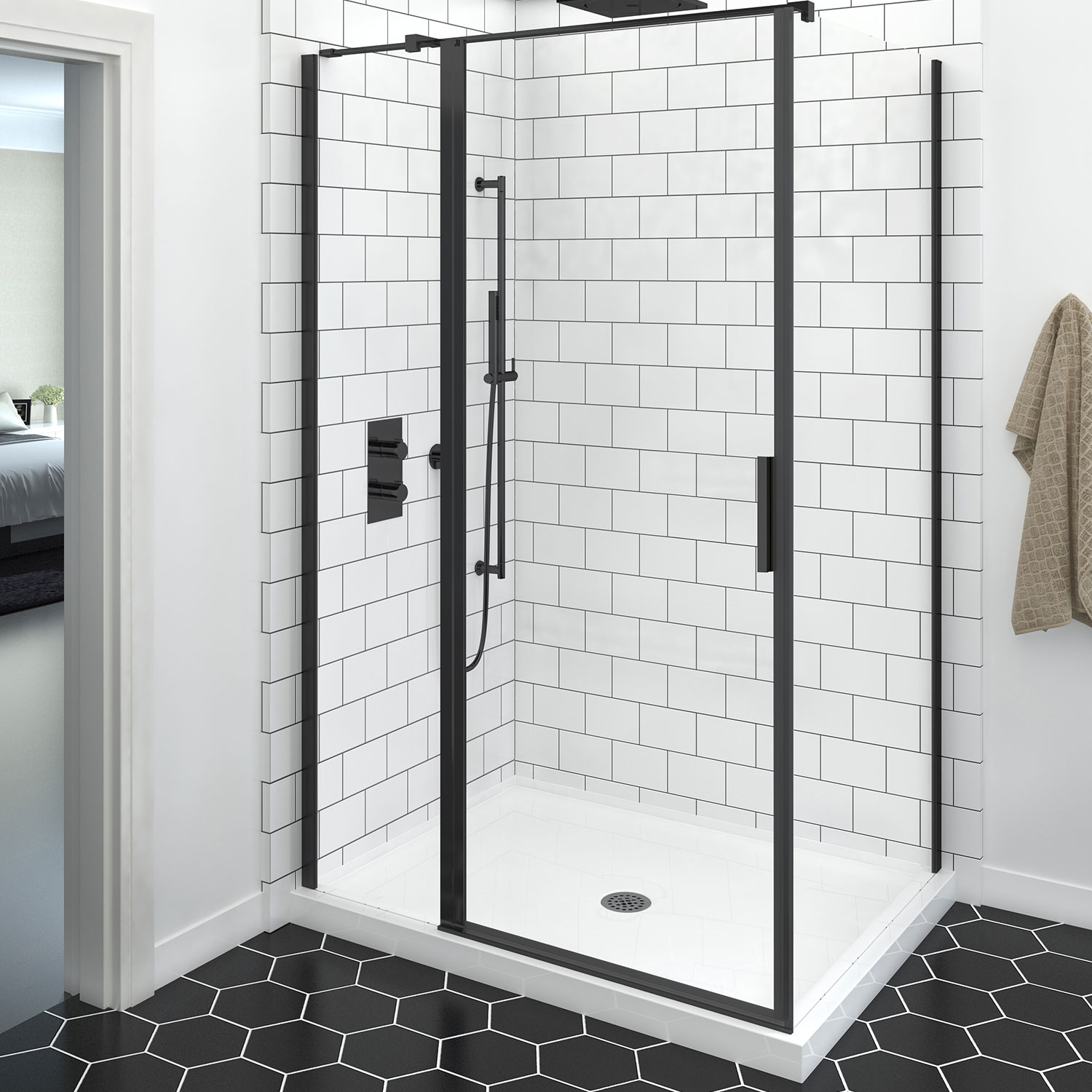 Shower door 60" x 36", in a corner rectangular offset door, wall on the left, in matte black ...
